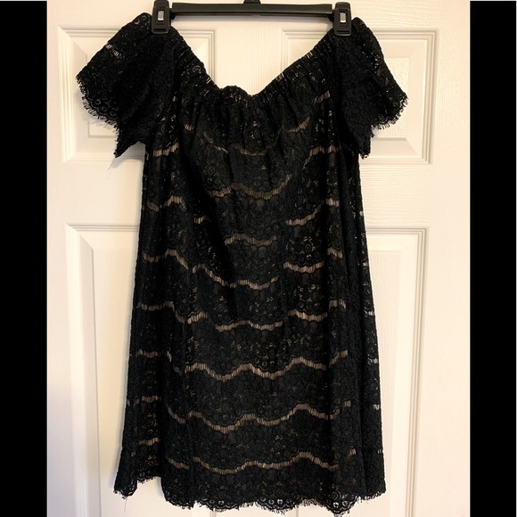 Dresses | Black Lace Off The Shoulder Dress With Nude Underlay | Poshmark